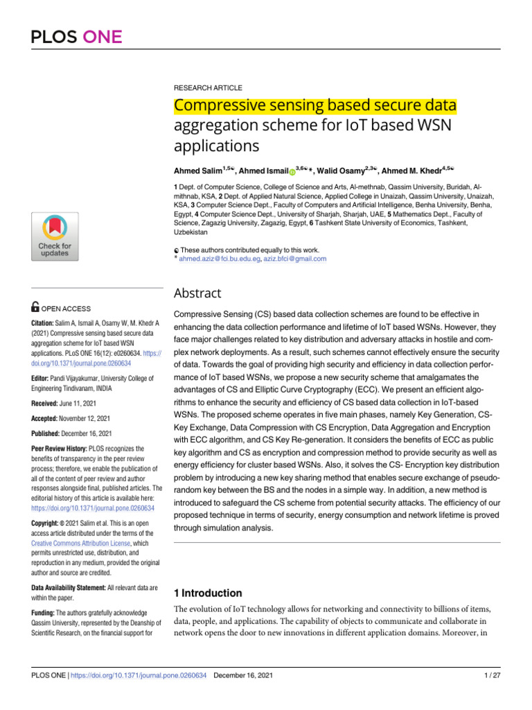 Plos Compressive Sensing Based Secure Data Aggregation Scheme For Iot Based Wsn Applications
