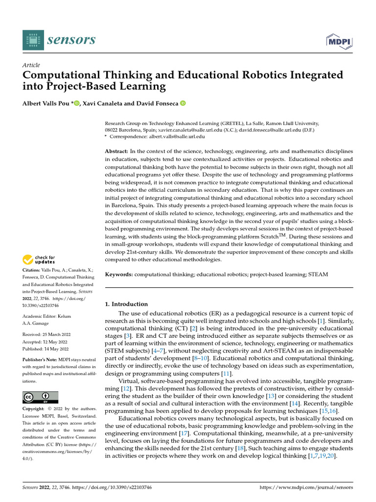Sensors: Computational Thinking and Educational Robotics Integrated Into Project-Based Learning ...