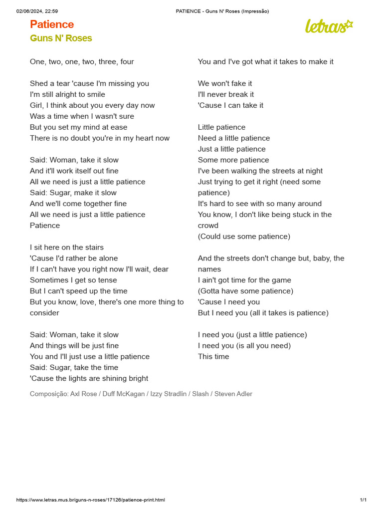 PATIENCE - Guns N' Roses (Impressão) | PDF | Rock Music | American ...