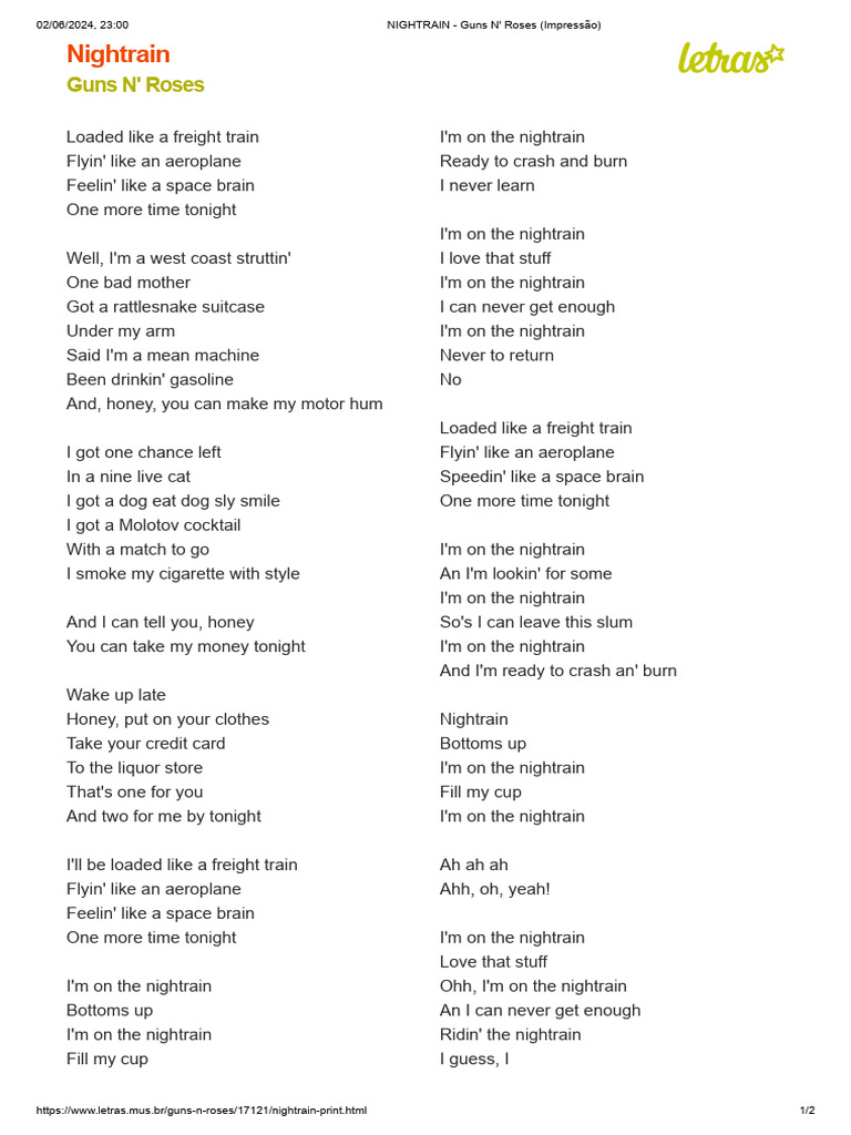 NIGHTRAIN - Guns N' Roses (Impressão) | PDF | Heavy Metal Music | Songs ...