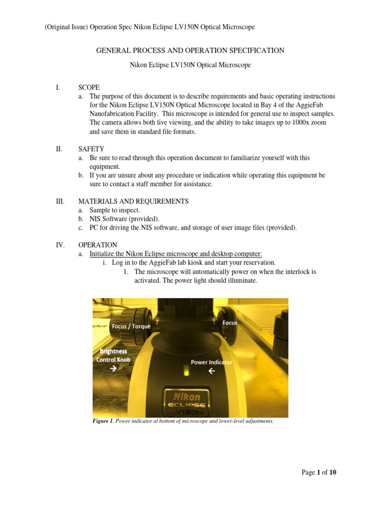 Nikon Eclipse LV150N Optical Microscope SOP | PDF | Aperture | Microscope