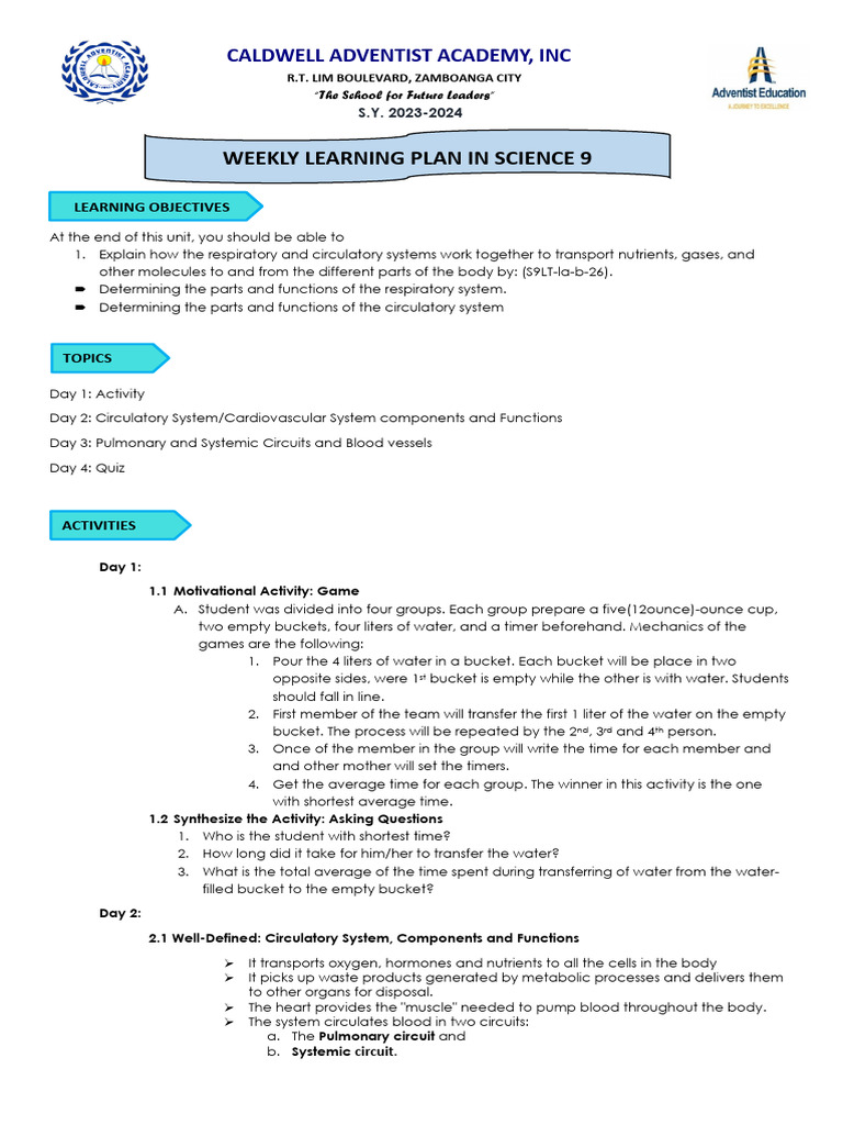 Science Lesson Plan-week 1 | PDF | Blood | Human Body