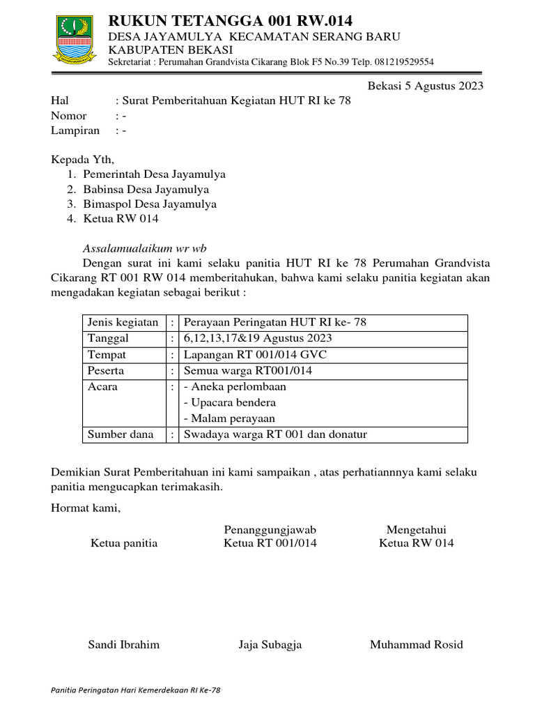 Pemberitahuan Kegiatan HUT RI ke-78 | PDF