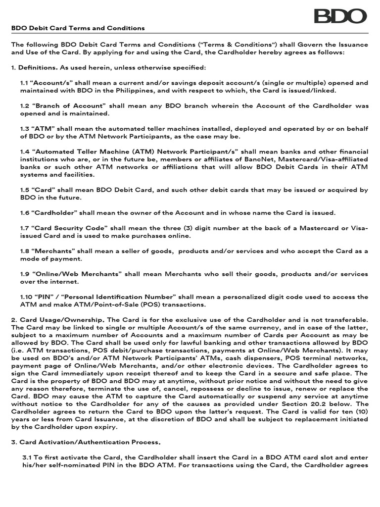 BDO Debit Card Terms & Conditions | PDF | Debit Card | Master Card