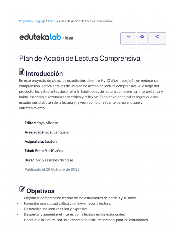 Plan De Acción De Lectura Comprensiva | PDF