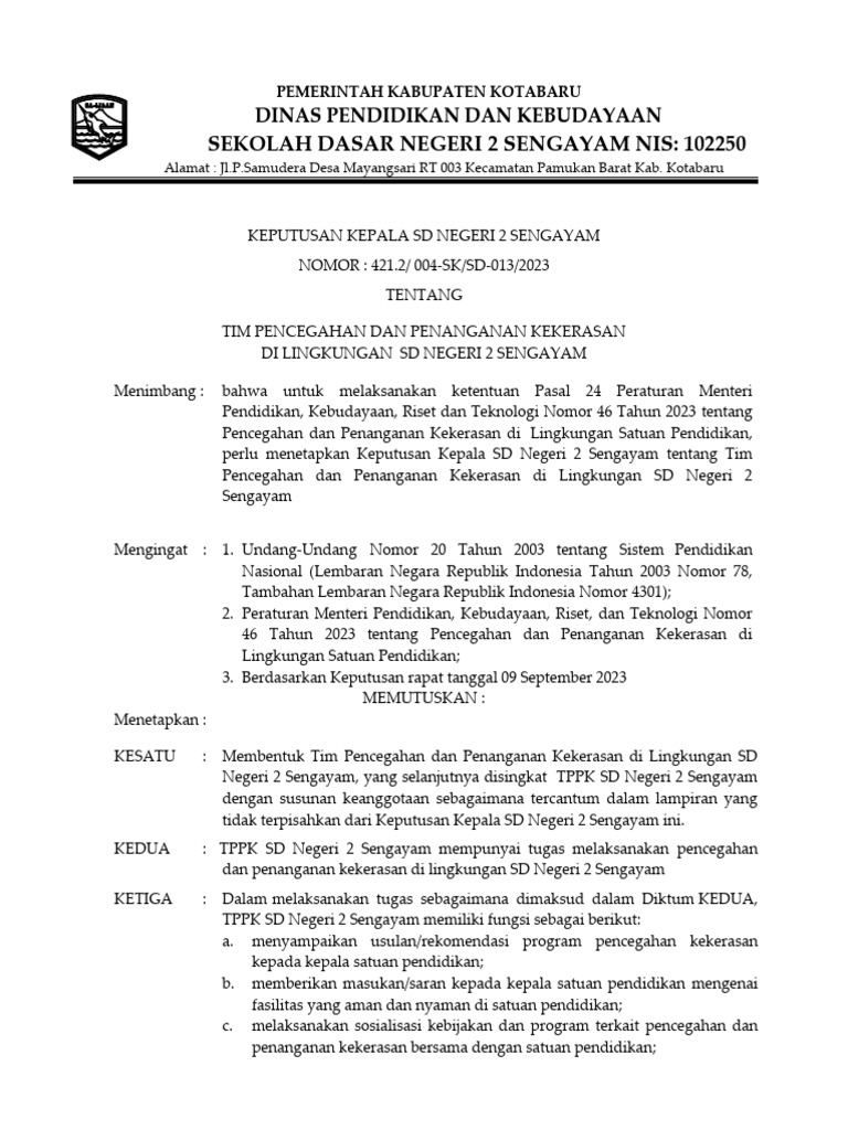 Tim Penanganan Kekerasan SDN 2 Sengayam | PDF