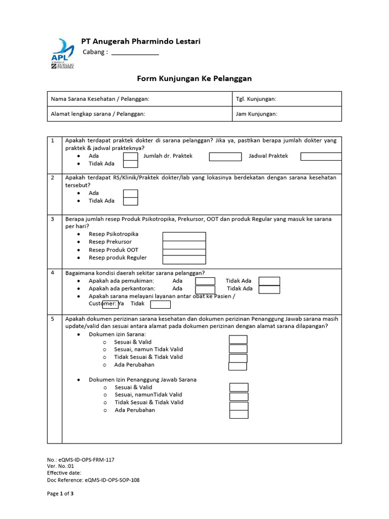 eQMS-ID-OPS-FRM-117-v01 Form Kunjungan Ke Pelanggan | PDF