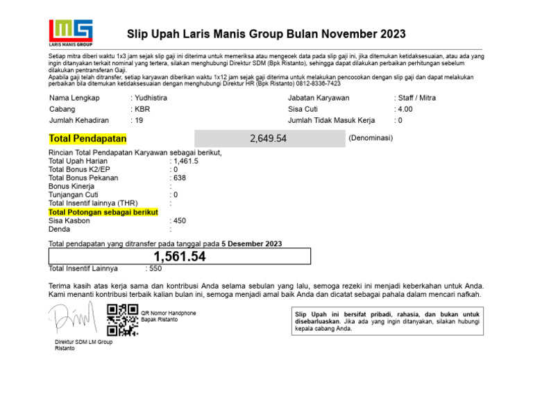 KBR Yudhistira Slip Gaji November 2023 | PDF