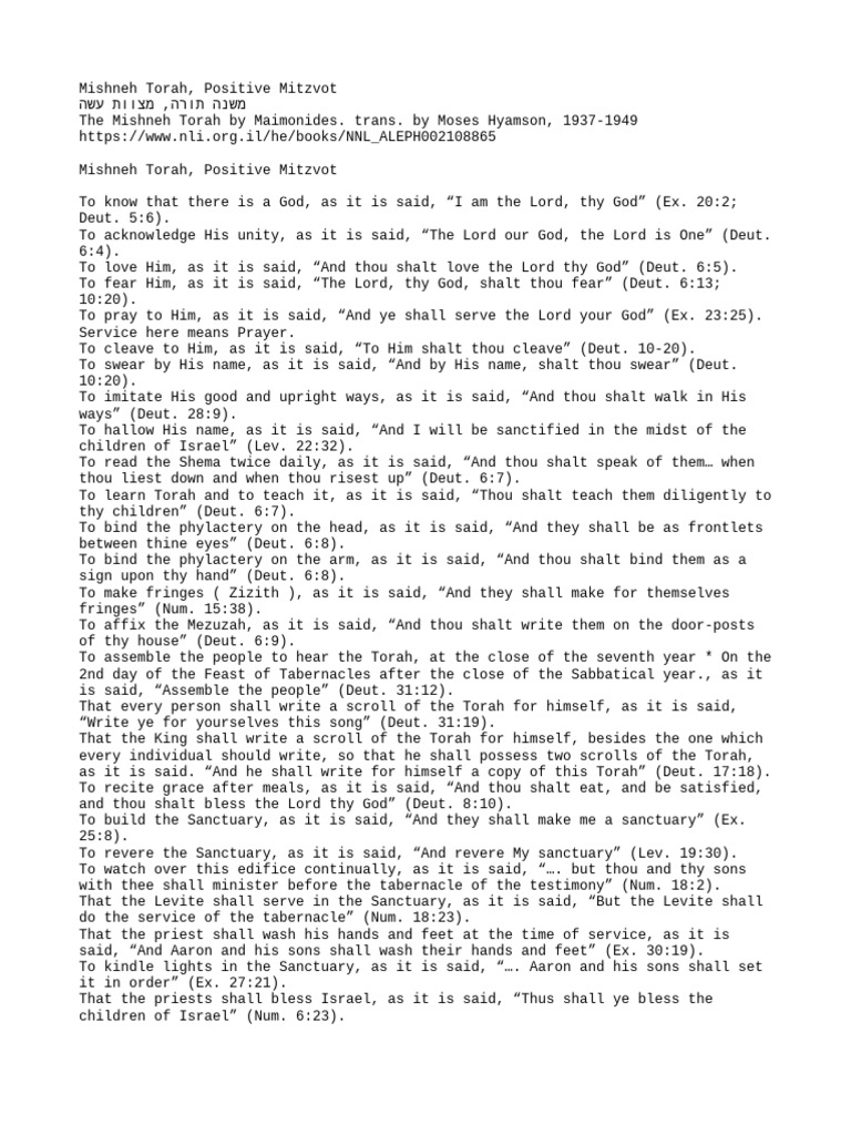 Mishneh Torah, Positive Mitzvot - en - The Mishneh Torah by Maimonides ...