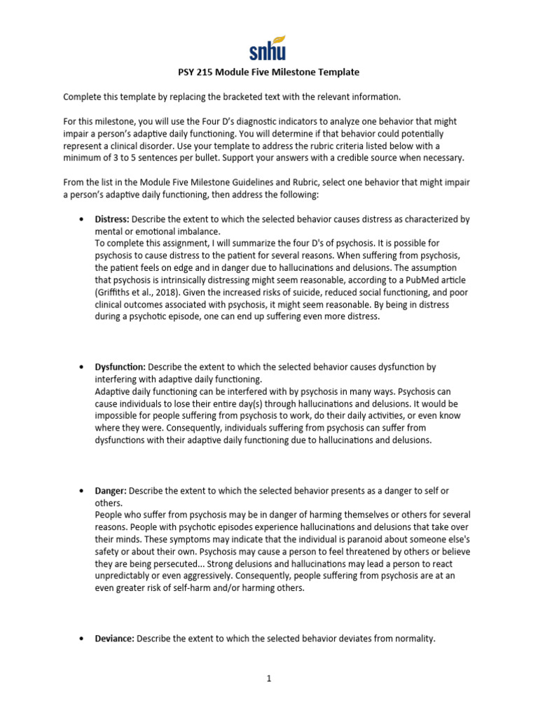 PSY 215 Module Five Milestone Template | PDF | Psychosis | Delusion