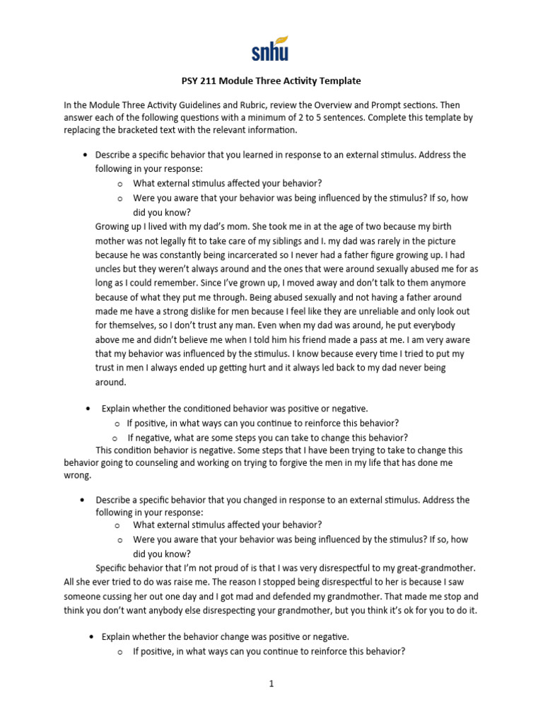 PSY 211 Module Three Activity Template | PDF | Classical Conditioning | Cognition