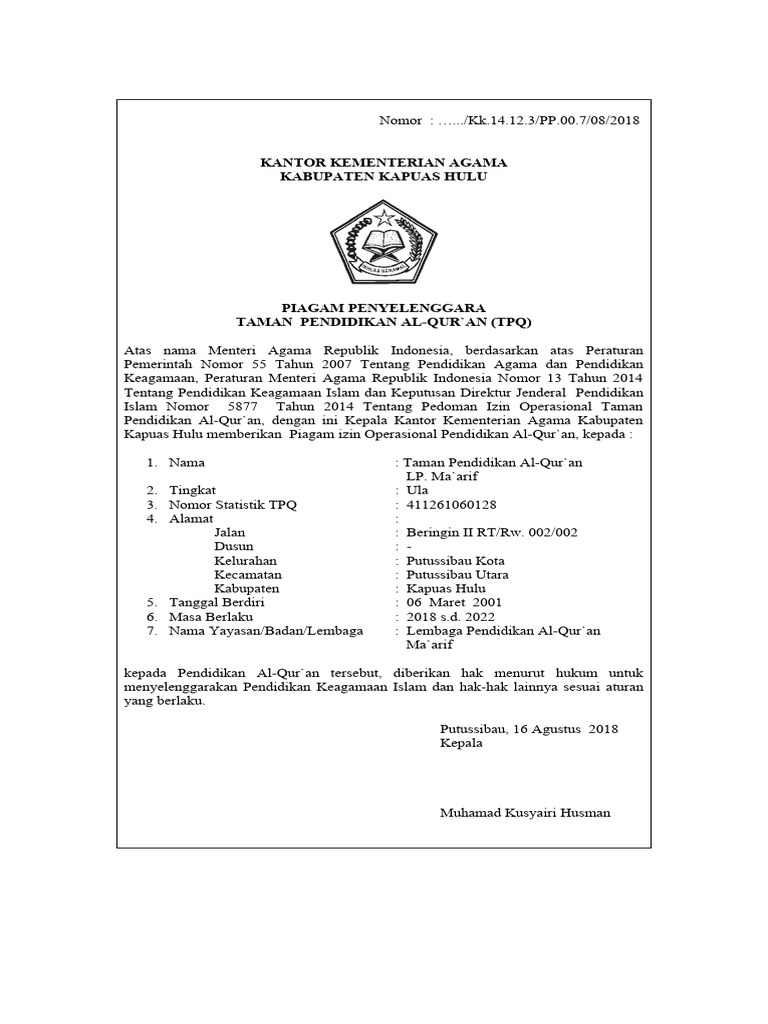 Piagam Izin Operasional TPQ Kapuas Hulu | PDF