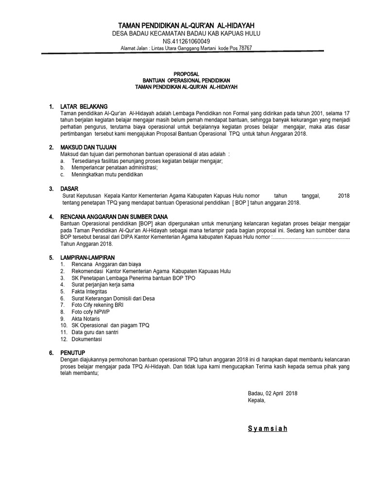Contoh BOP - PROPOSAL TPA AL | PDF