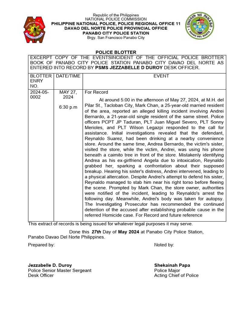 Panabo City Police Blotter Report May 2024 | PDF | Crimes | Crime ...