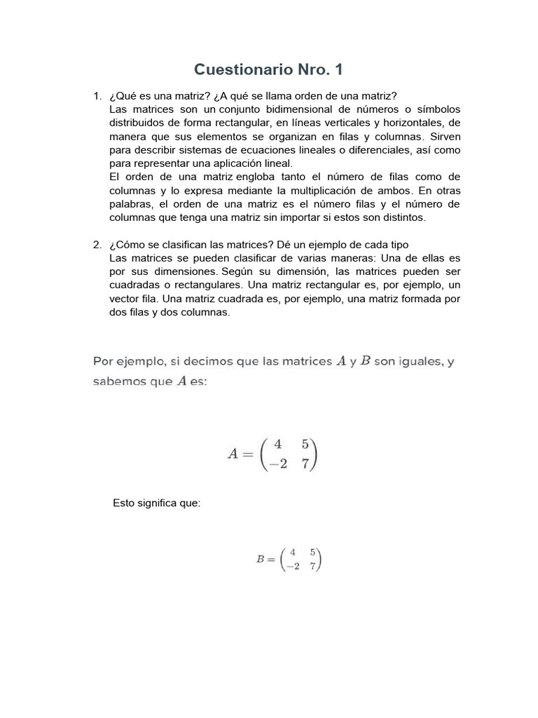 Cuestionario 1 | PDF | Matriz (Matemáticas) | Multiplicación