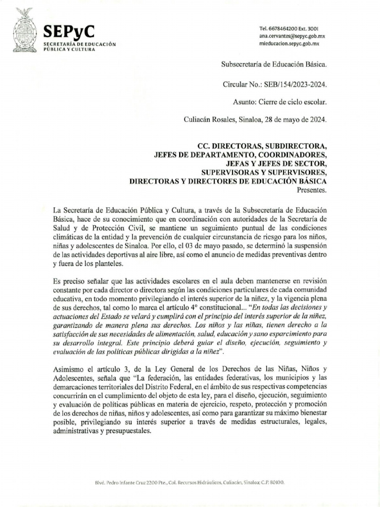 CIRCULAR SEB-154-2023-2024 CIERRE DE CICLO ESCOLAR | PDF | Educación ...