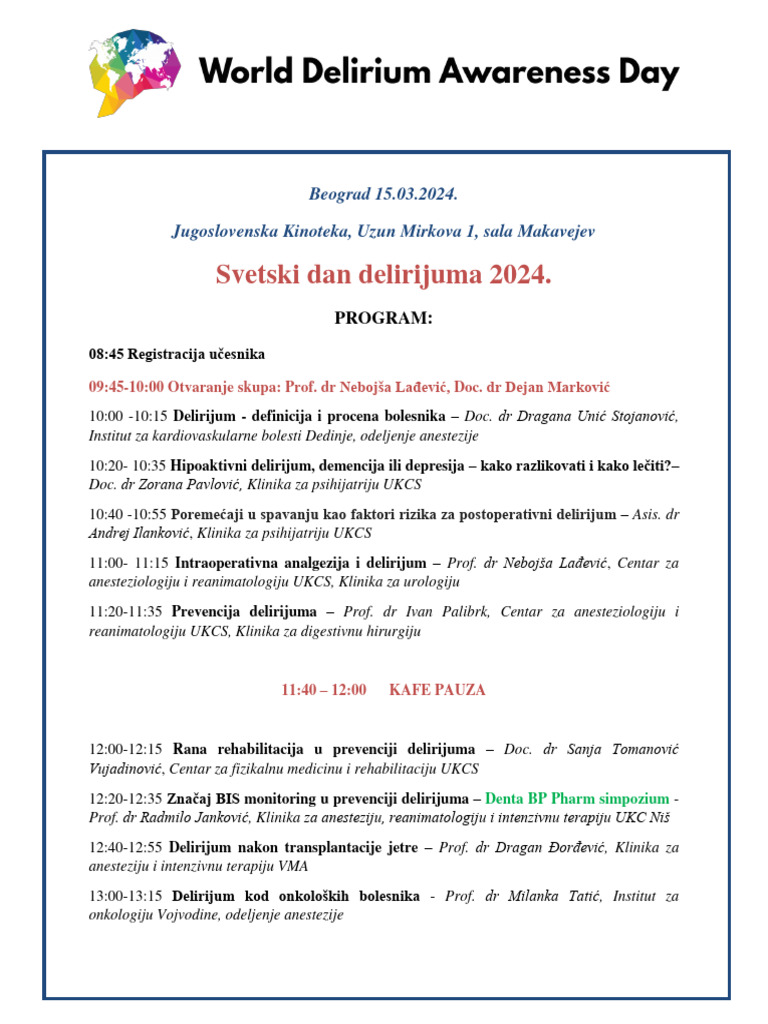World Delirium Awareness Day 2024 - Program 15.03.2024. | PDF
