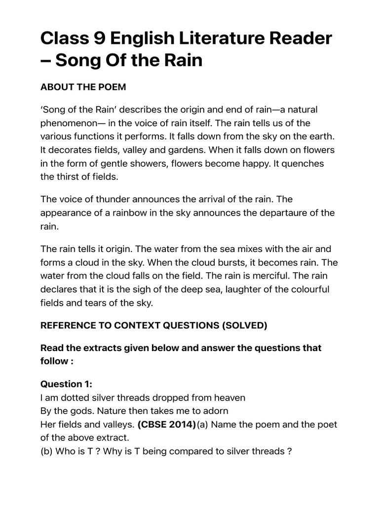 Class 9 English Literature Reader - Song of The Rain | PDF | Rain