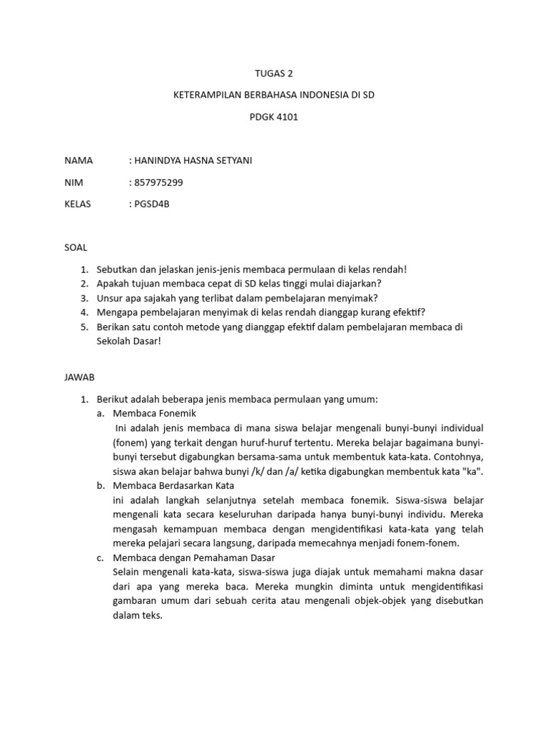 TT 2 Bahasa Indonesia - Hanindya Hasna Setyani - 857975299 - pgsd4b | PDF