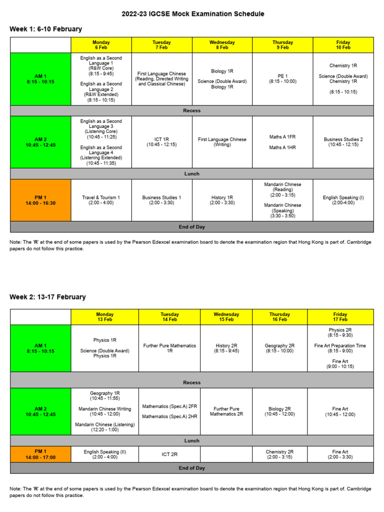 2022-23 G10 IGCSE Mock Examination Schedule - Public | PDF