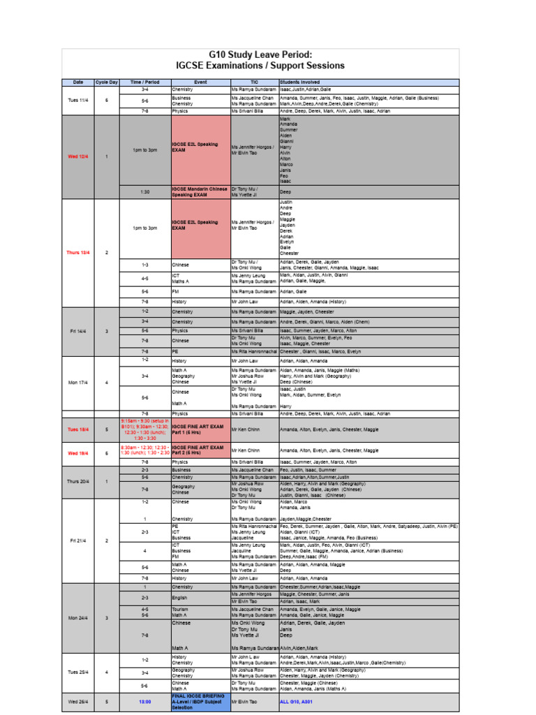 G10 IGCSE Study Leave - Exams and Support Classes | PDF | Qualifications