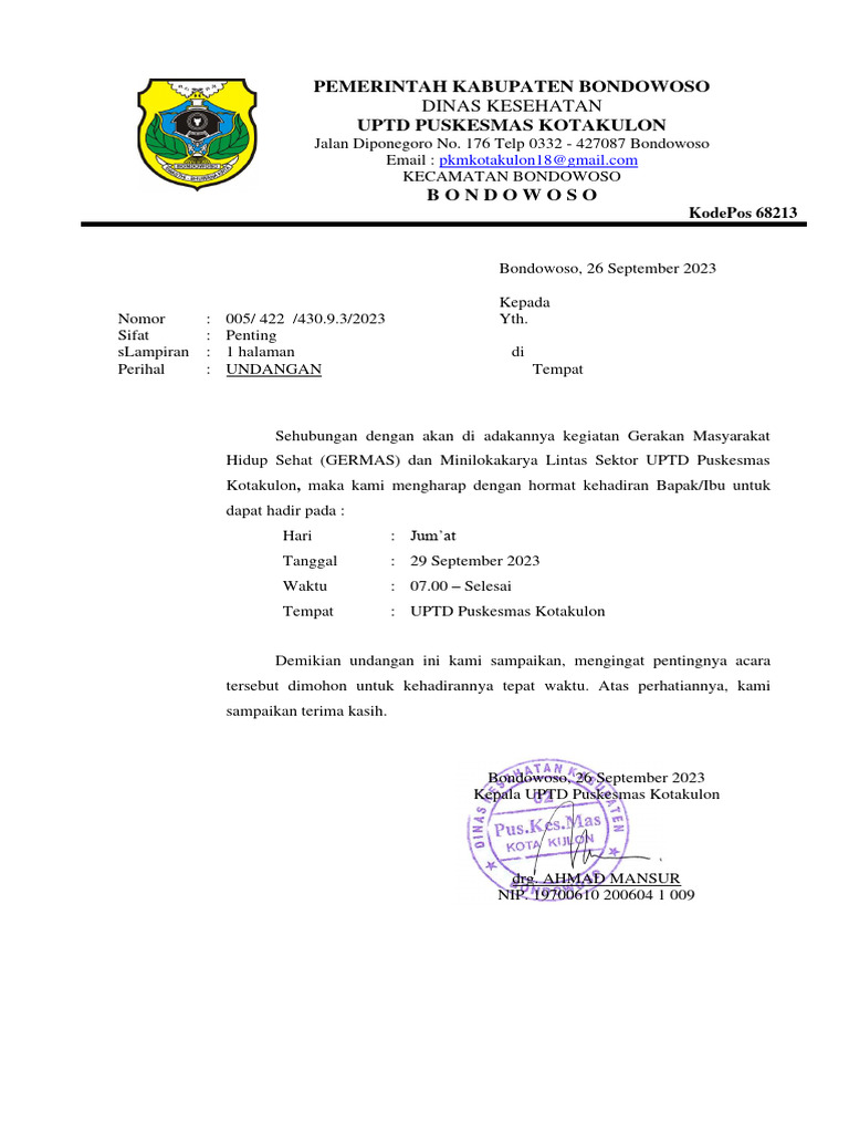 Undangan Kegiatan GERMAS Bondowoso | PDF