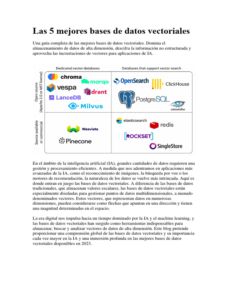 Las 5 mejores bases de datos vectoriales | PDF | Bases de datos ...