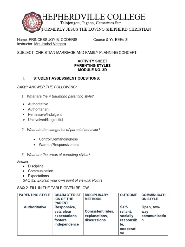 Answer Sheet- PARENTING STYLES | PDF | Parenting | Human Development
