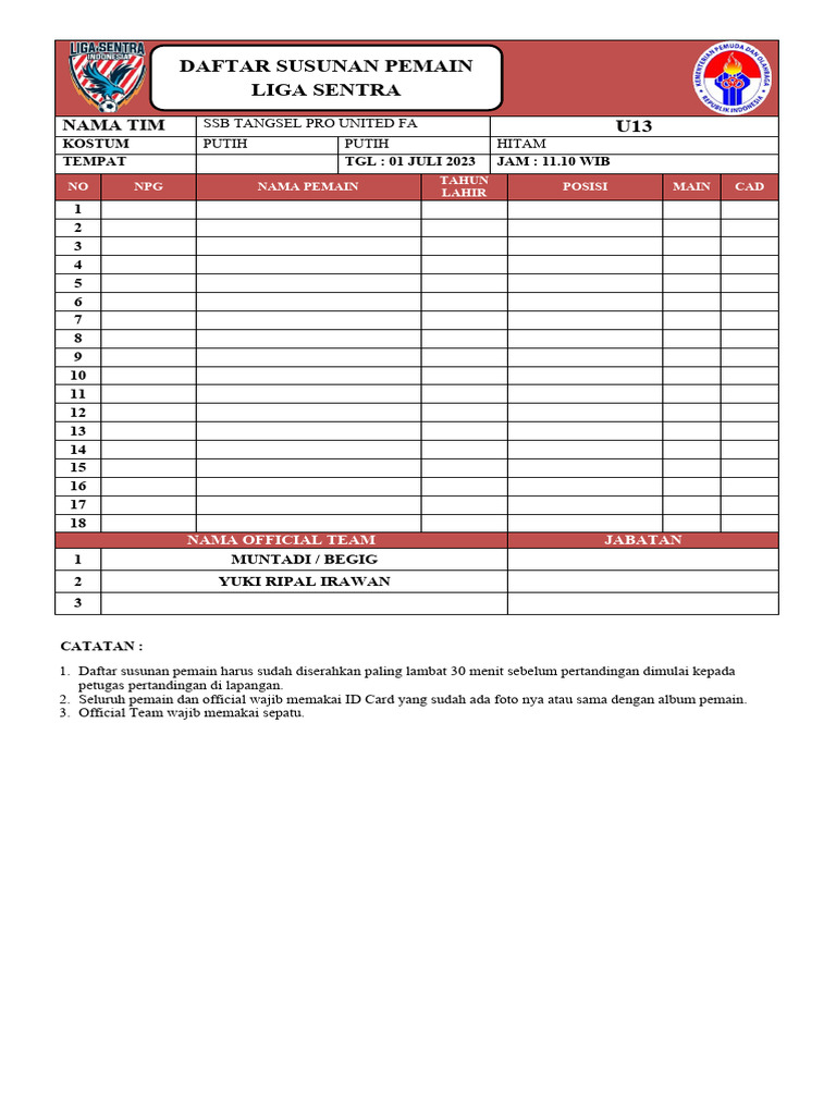 Daftar Susunan Pemain U13 Lsi | PDF