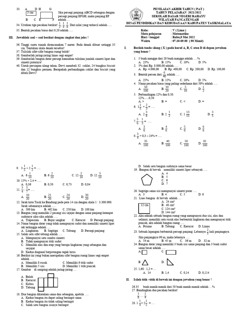 SOAL PAT MTK Kelas 5 2022 Oke | PDF