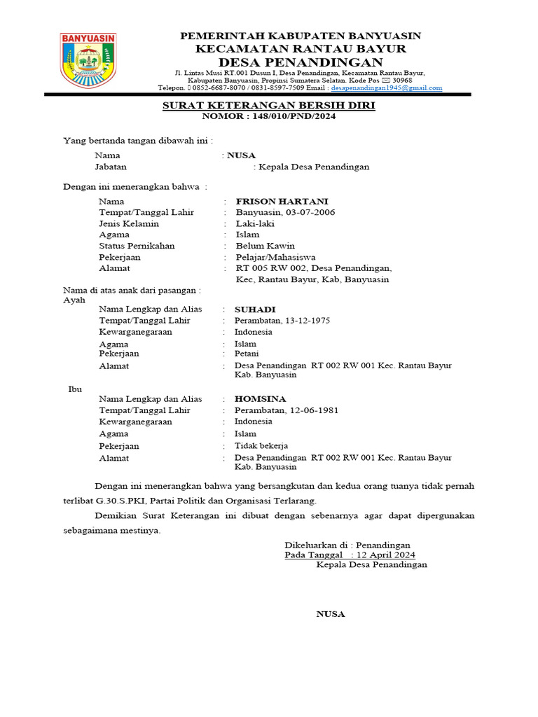 Surat Keterangan Bersih Diri Desa | PDF