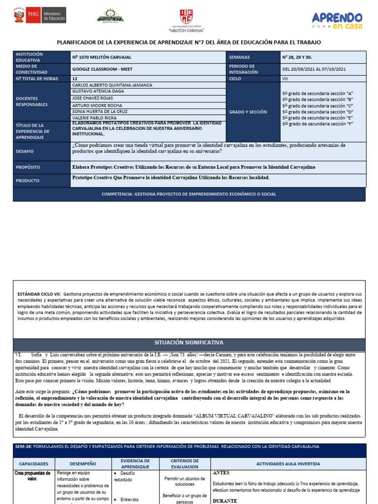 Planificador de La Experiencia de Aprendizaje N°7 Del Area de Educacion para El Trabajo | PDF ...