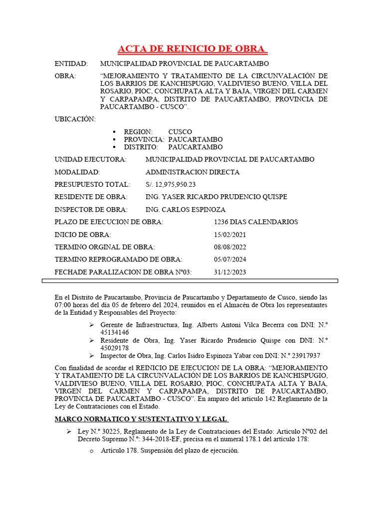 ACTA DE REINICIO DE OBRA Circunvalacion | Descargar gratis PDF | Gobierno