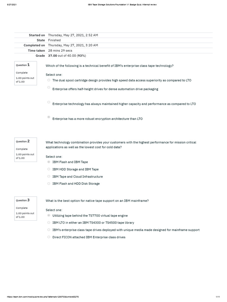 IBM Tape Storage Solutions Foundation V1 Badge Quiz_ Final | PDF | Computer Data Storage | Hard ...