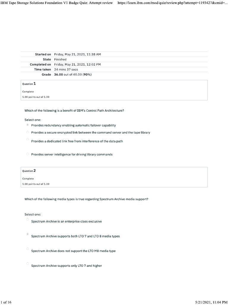 IBM Tape Storage Solutions Foundation V1 Badge Quiz Attempt Review1 | PDF | Computer Data ...
