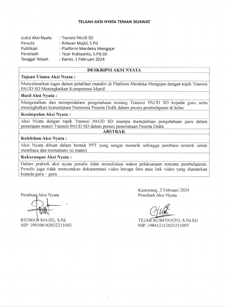 Telaah Aksi Nyata Teman Sejawat Tejar Rubiyanto | PDF