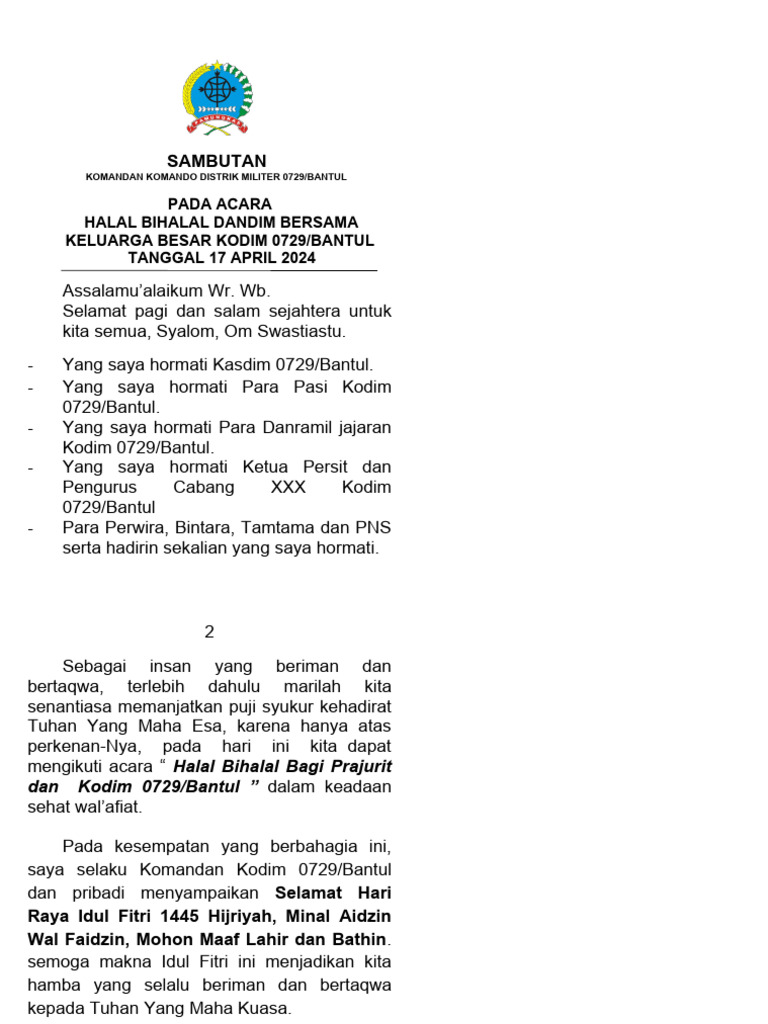 Sambutan Halal Bihalal Kodim 0729 | PDF | Hukum | Gaya Hidup
