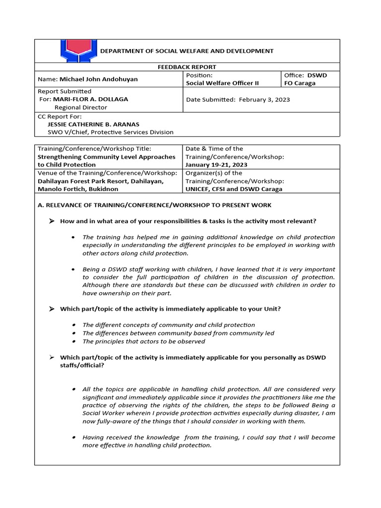 Child Protection Training Feedback Report | PDF | Social Work | Learning