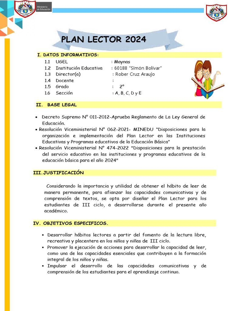 Plan Lector 2do - 2024 Sb-1 | PDF | Maestros | Salón de clases
