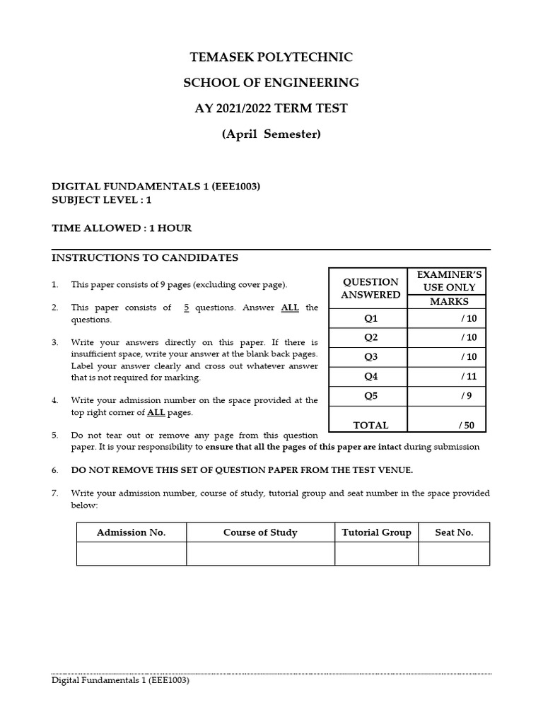 Digital Fundamentals 1 Exam Paper | PDF | Logic Gate | Electronic ...