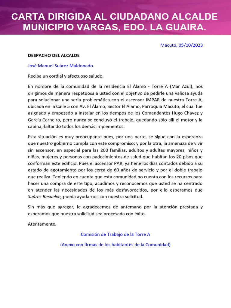 Carta Dirigida Al Alcalde | PDF