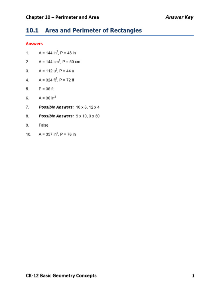 Answer Key - CK-12 Chapter 10 Basic Geometry Concepts | PDF | Area | Elementary Geometry