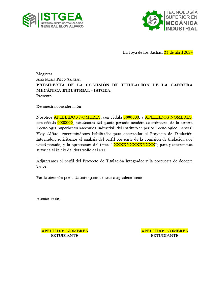 Oficio presentación de Perfil del proyecto | PDF