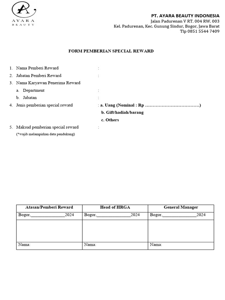 Formulir Pemberian Reward Karyawan | PDF