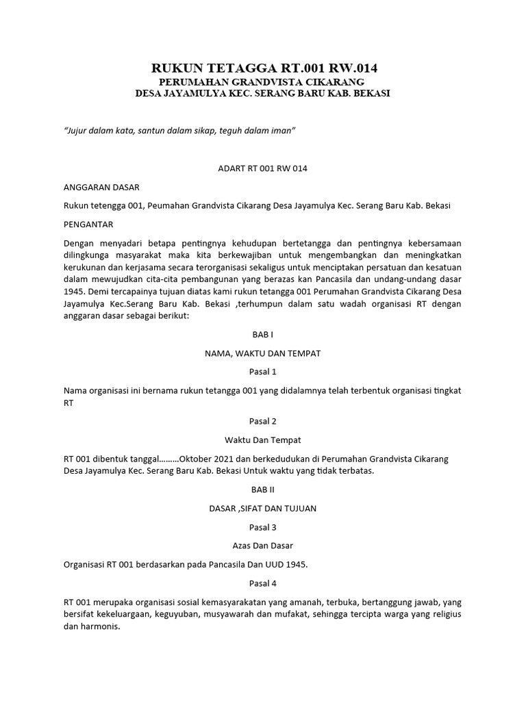 Contoh ADART Rukun tetangga | PDF