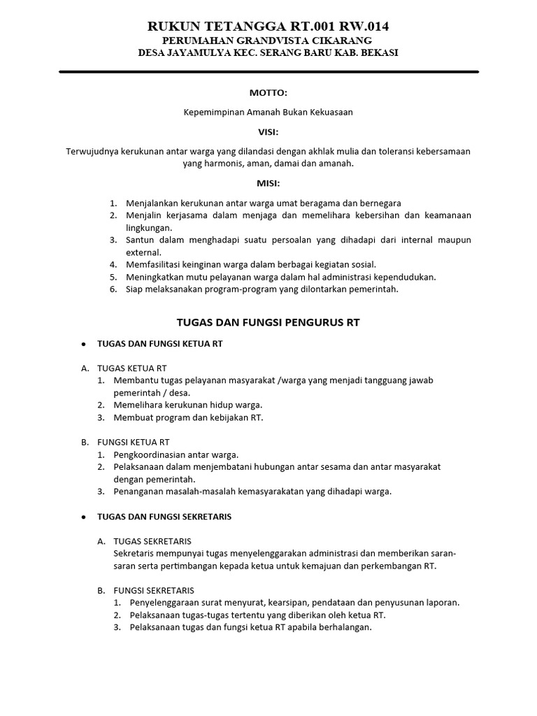 Contoh MOTTO VISI MISI TUGAS PENGURUS RT | PDF