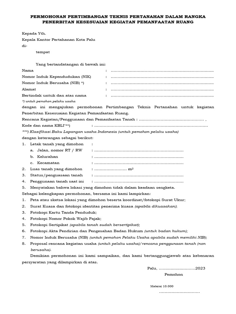 Draft Permohonan PKKPR - 2023 | PDF