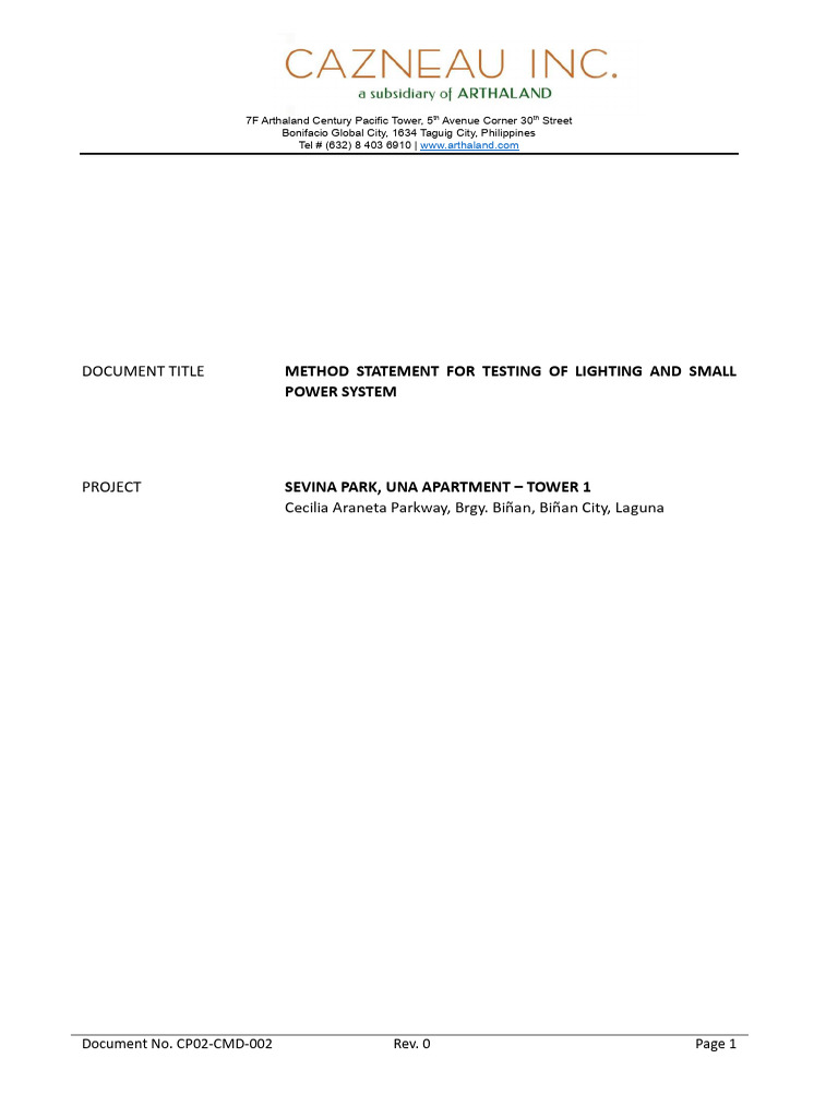 Method Statement For Testing Of Lighting And Small Power System Download Free Pdf Lighting