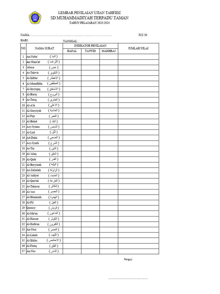 Lembar Penilaian Ujian Tahfidz | PDF