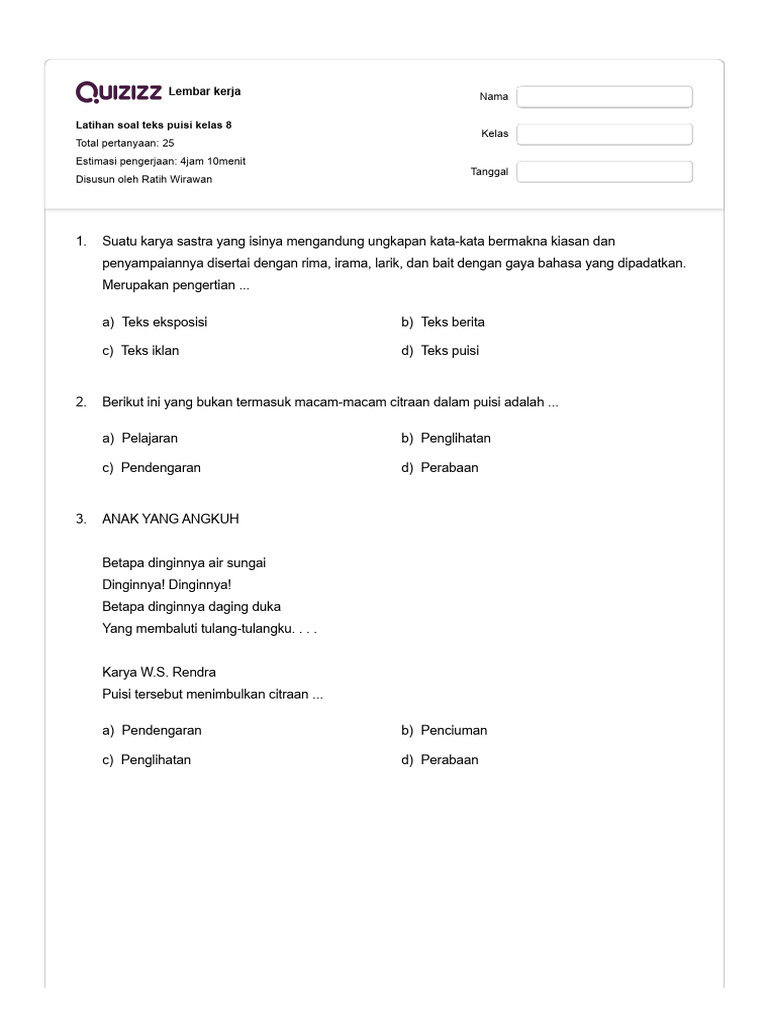 Latihan Soal Puisi Kelas 8 | PDF | Puisi
